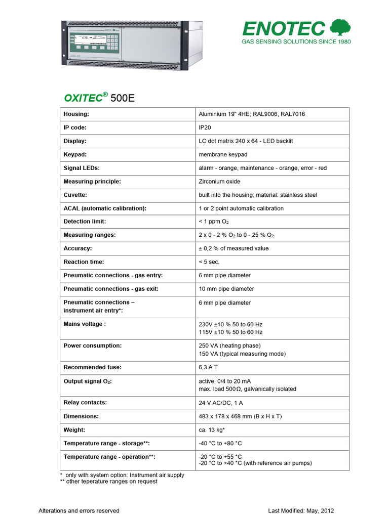 OXITEC 500E Oxygen Analyzer Specs | PDF