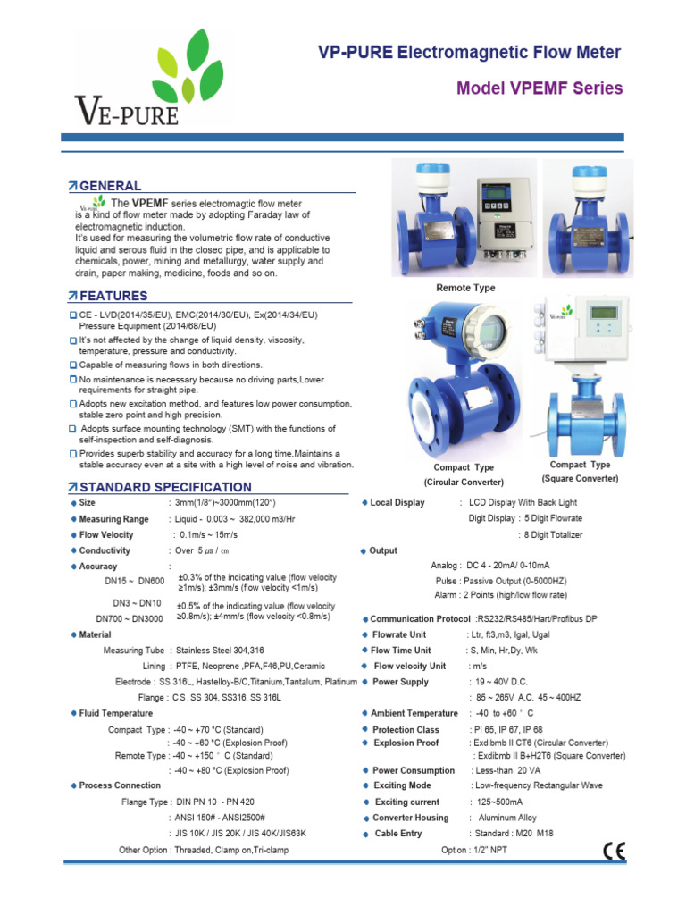 Ve-Pure Electromagnetic Flow Meter Catalog | PDF | Flow Measurement ...