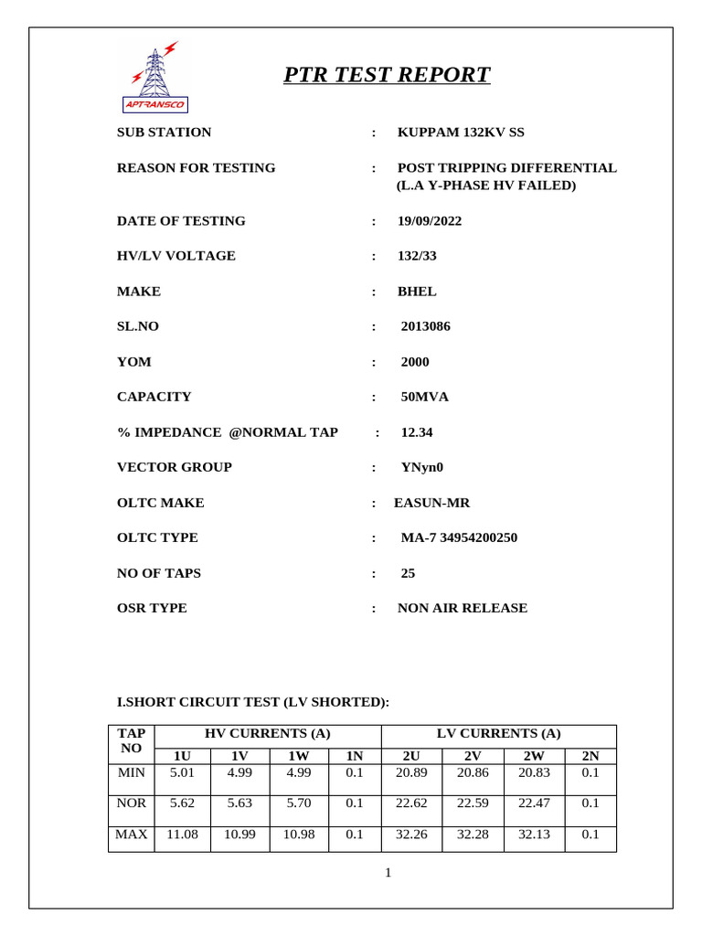 50 Mva Bhel Test Report | PDF | Electricity | Electrical Engineering