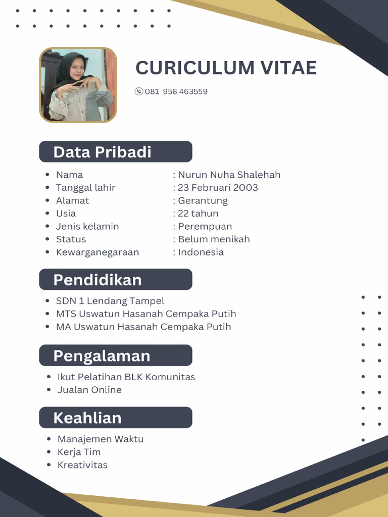 CV Lamaran Kerja Nurun Nuha Shalehah | PDF