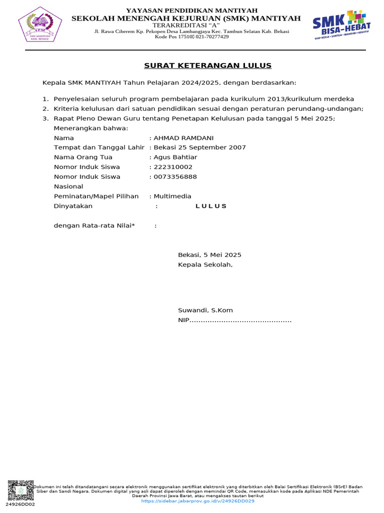Surat Keterangan Lulus SMK Mantiya | PDF