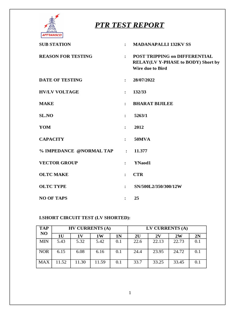PTR Test Report for Madanapalli Substation | PDF | Transformer ...