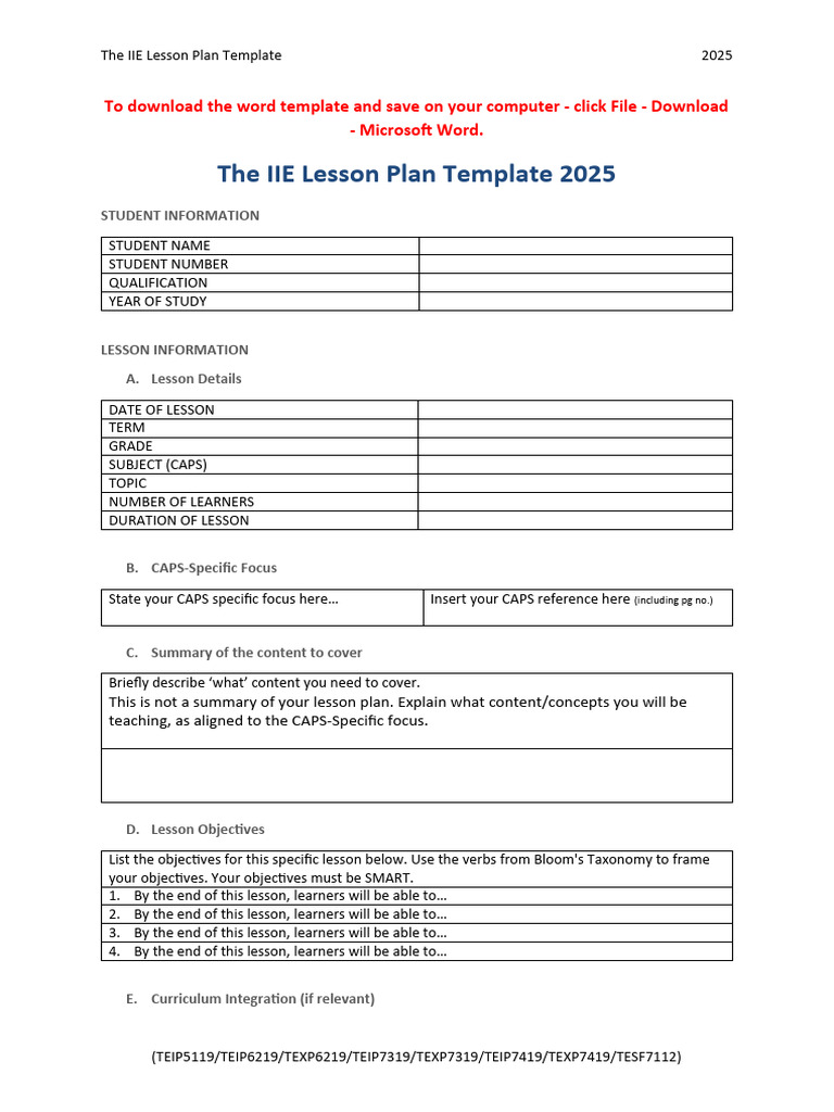 IIE Lesson Plan Template 2025 | PDF | Lesson Plan | Learning