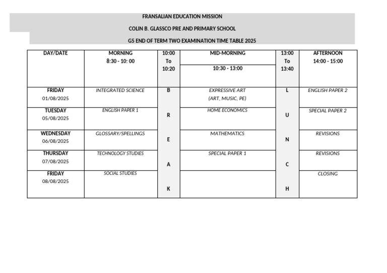 g5 Exam Time Table | PDF