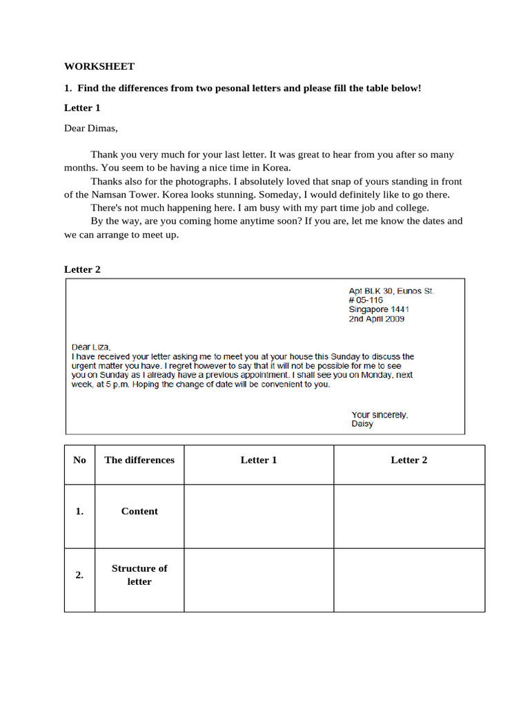 Worksheet 1. Find The Differences From Two Pesonal Letters and Please ...