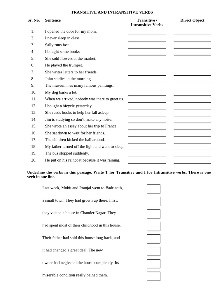 Transitive and Intransitive Verbs | PDF | Verb | Linguistic Typology