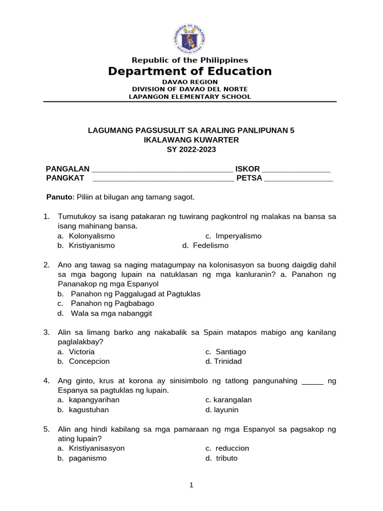 Quarterly Test - Q2 AralPan 5-WORDNMMKLMLLK, L | PDF