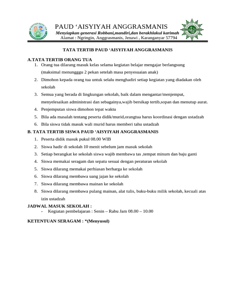 Tata Tertib Paud 'Aisyiyah-1 | PDF
