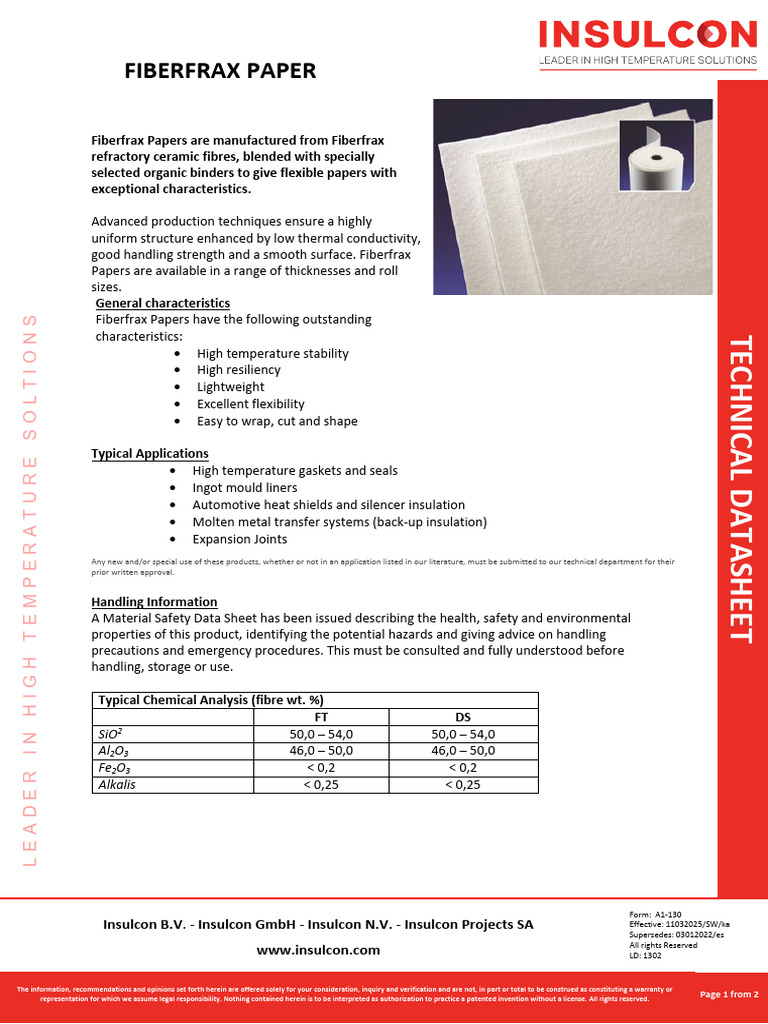 Fiberfrax Paper Technical Datasheet | PDF | Paper | Applied And ...