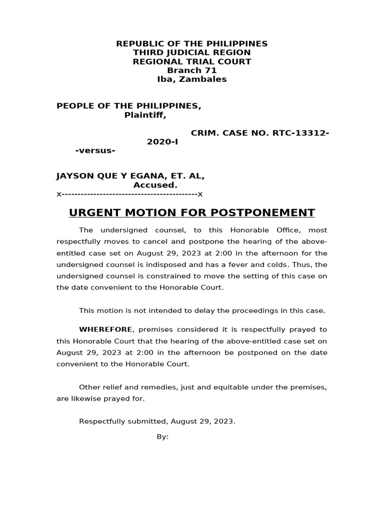 Motion to Postpone Hearing in RTC Case | PDF