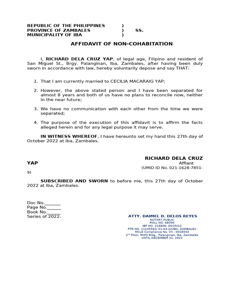 Affidavit of Non Cohabitation | PDF