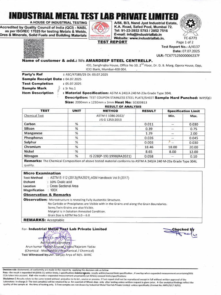 Stainless Steel Test Report ASTM 3041 | PDF | Materials Science ...
