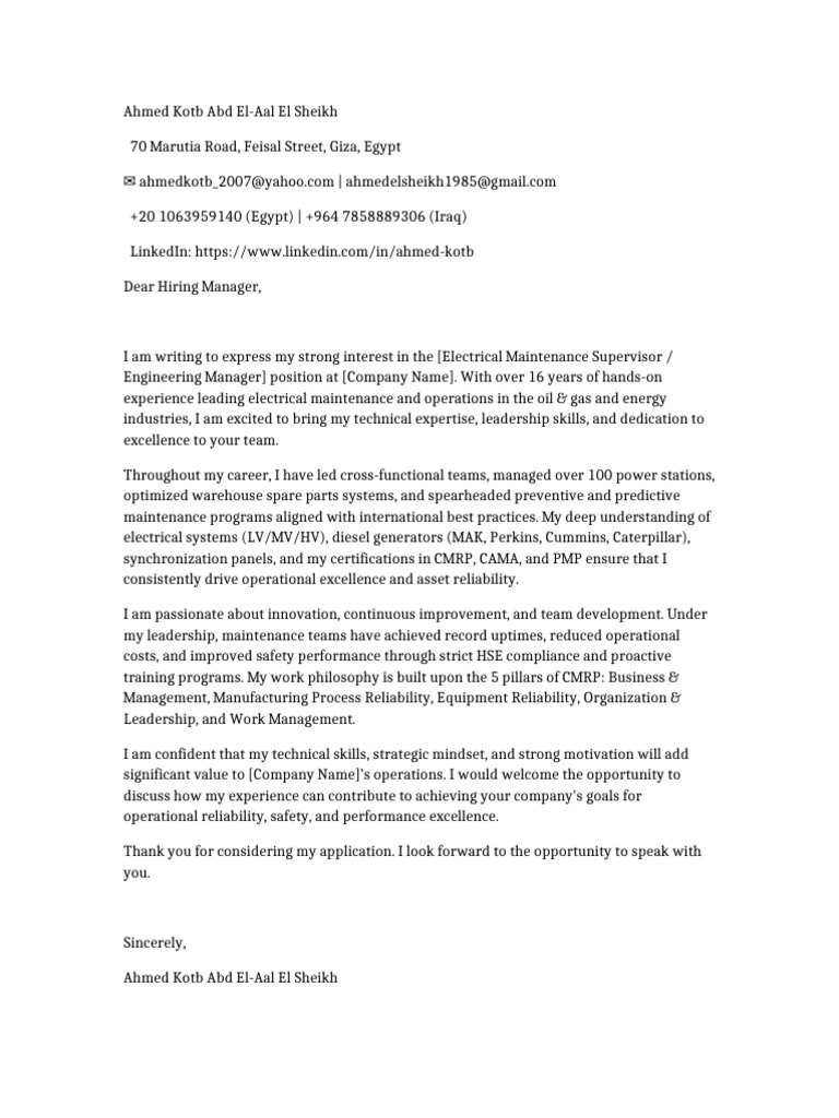 Electrical Maintenance Supervisor Application | PDF