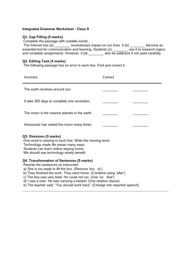 Integrated Grammar Worksheet - 9101 | PDF