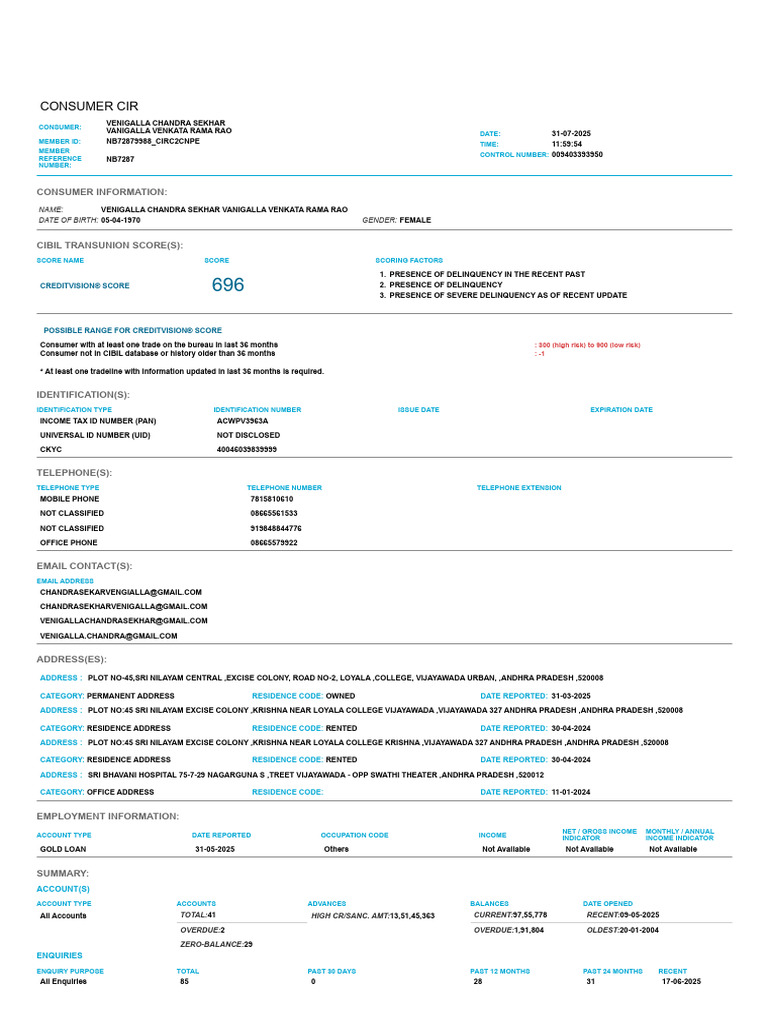 Cibil - Consumer Information Report Surendra Babu | PDF | Loans | Interest