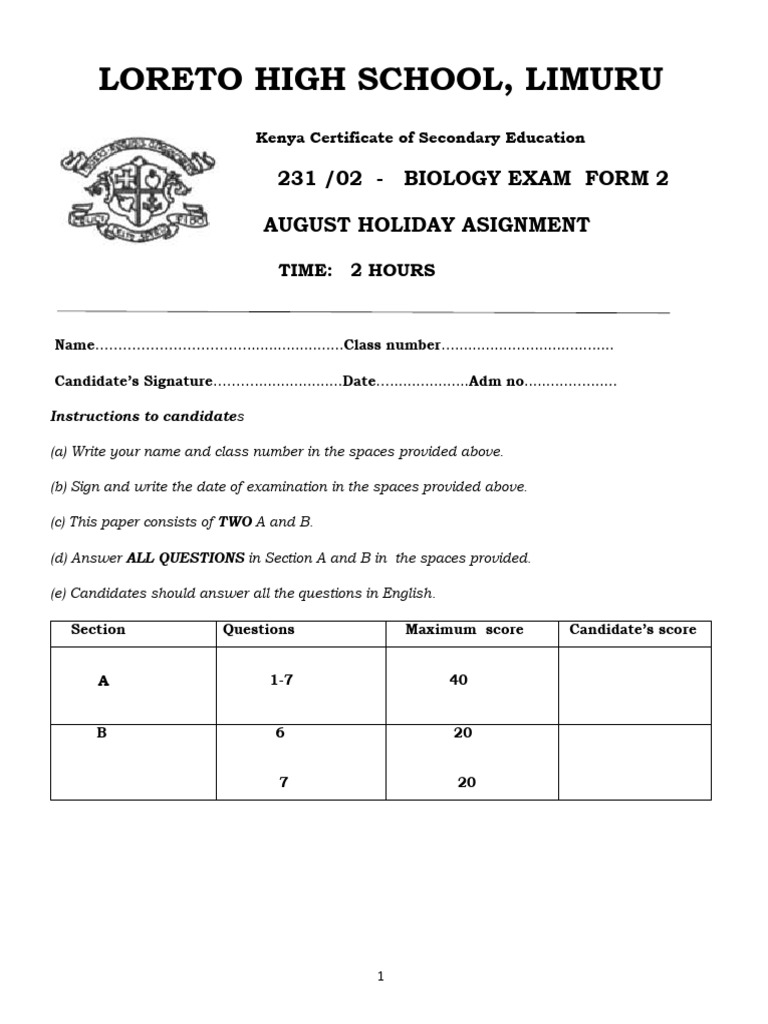 Biology Exam Assignment for Form 2 Students | PDF | Biology