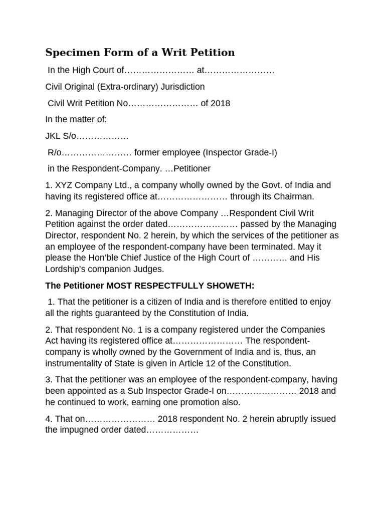 Writ Petition Against Termination Order | PDF | Writ | Separation Of Powers