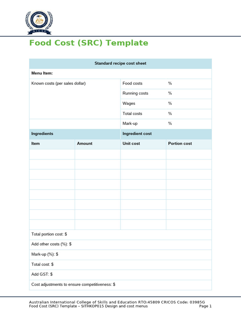 Food Cost Template for Menu Pricing | PDF
