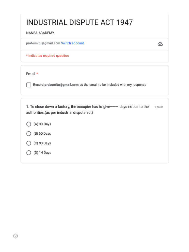 Industrial Disputes Act Quiz Questions | PDF | Strike Action | Arbitration