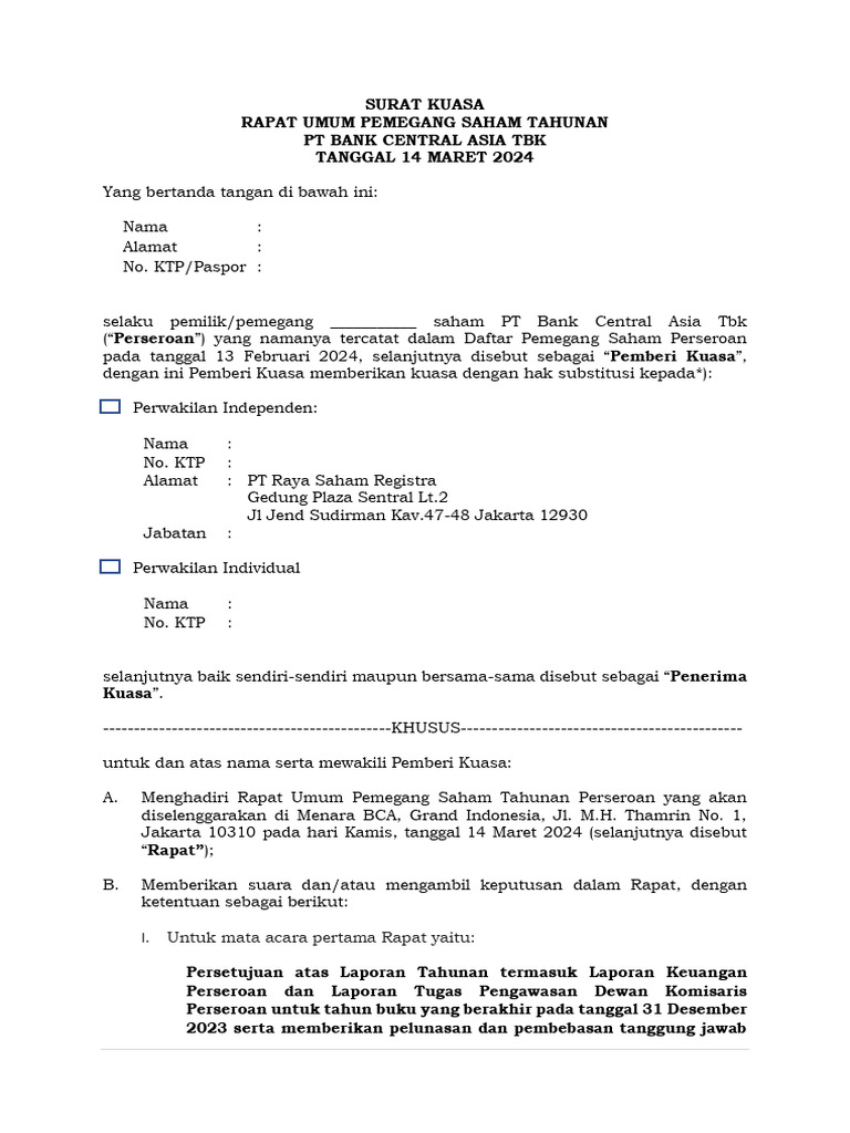 Surat Kuasa RUPS BCA 2024 | PDF