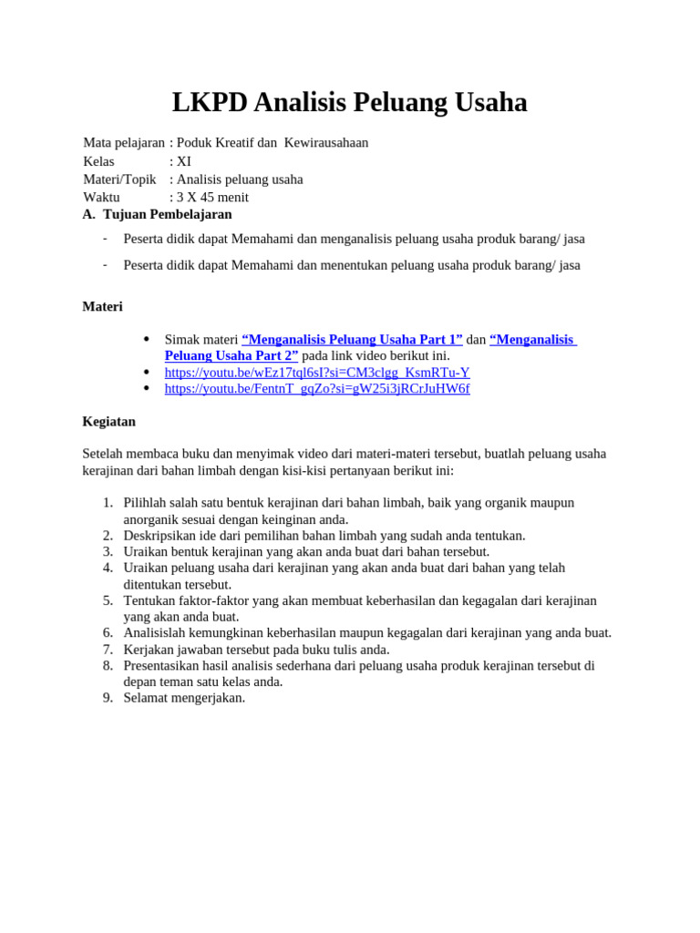 LKPD Analisis Peluang Usaha | PDF