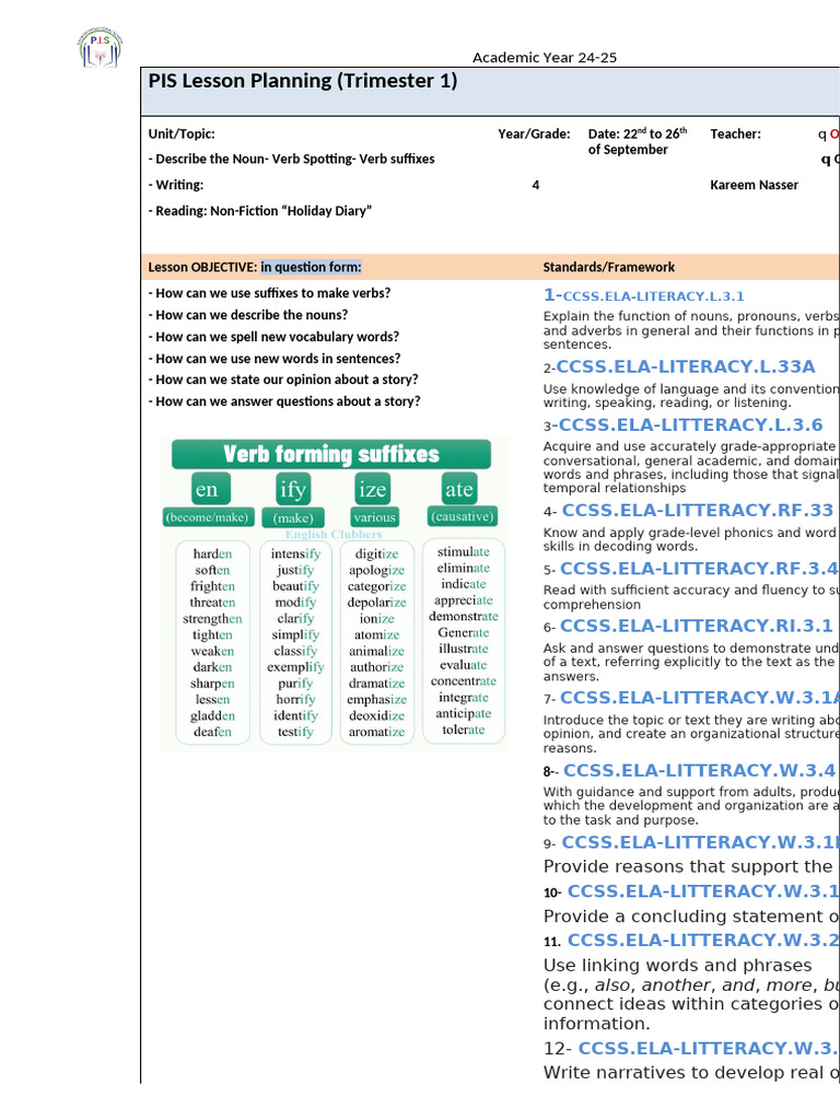 4th Grade Noun and Verb Lesson Plan | PDF | Learning | Educational ...