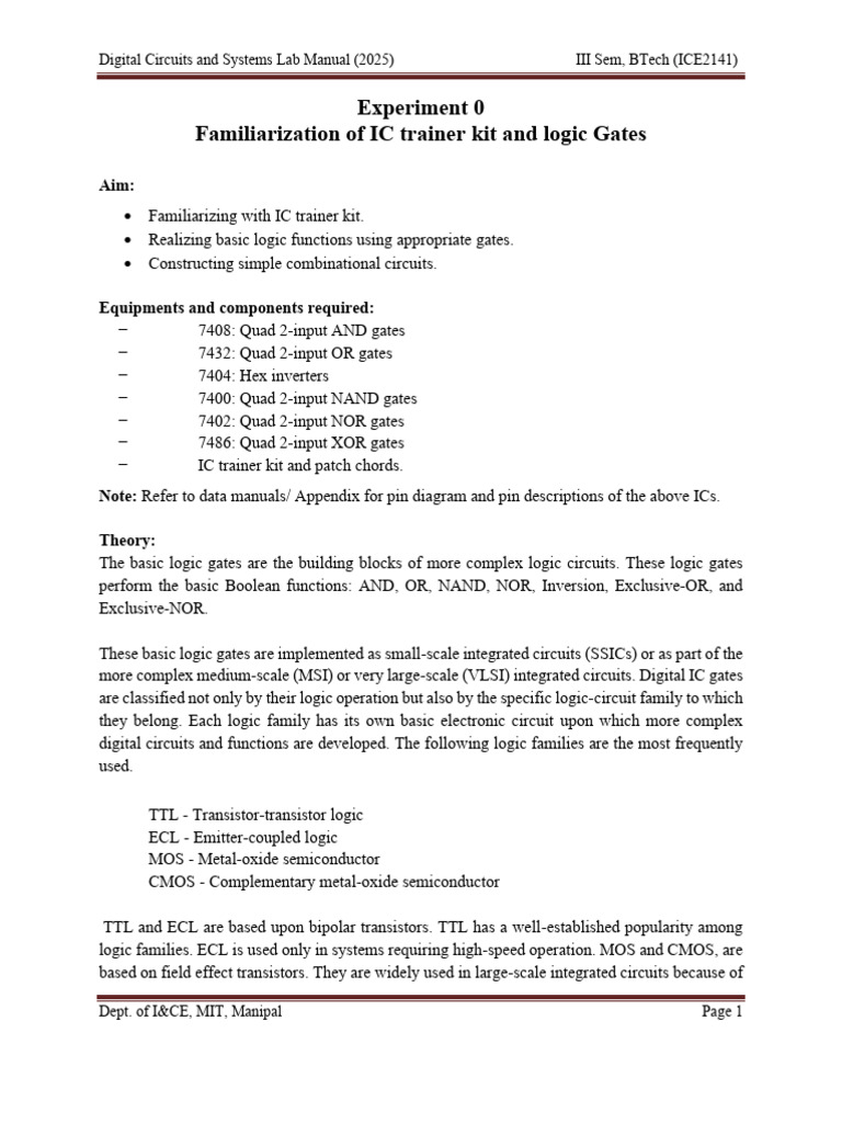Digital Circuits Lab Manual | PDF | Logic Gate | Integrated Circuit