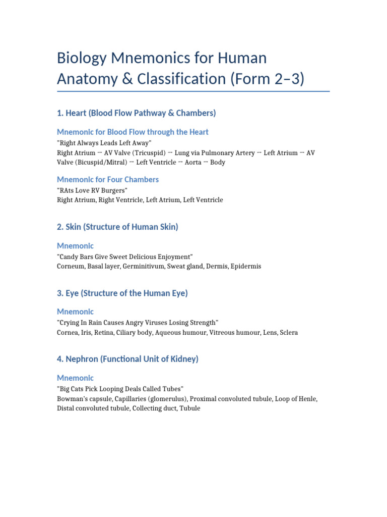 Biology Mnemonics Human Anatomy Form2-3 | PDF