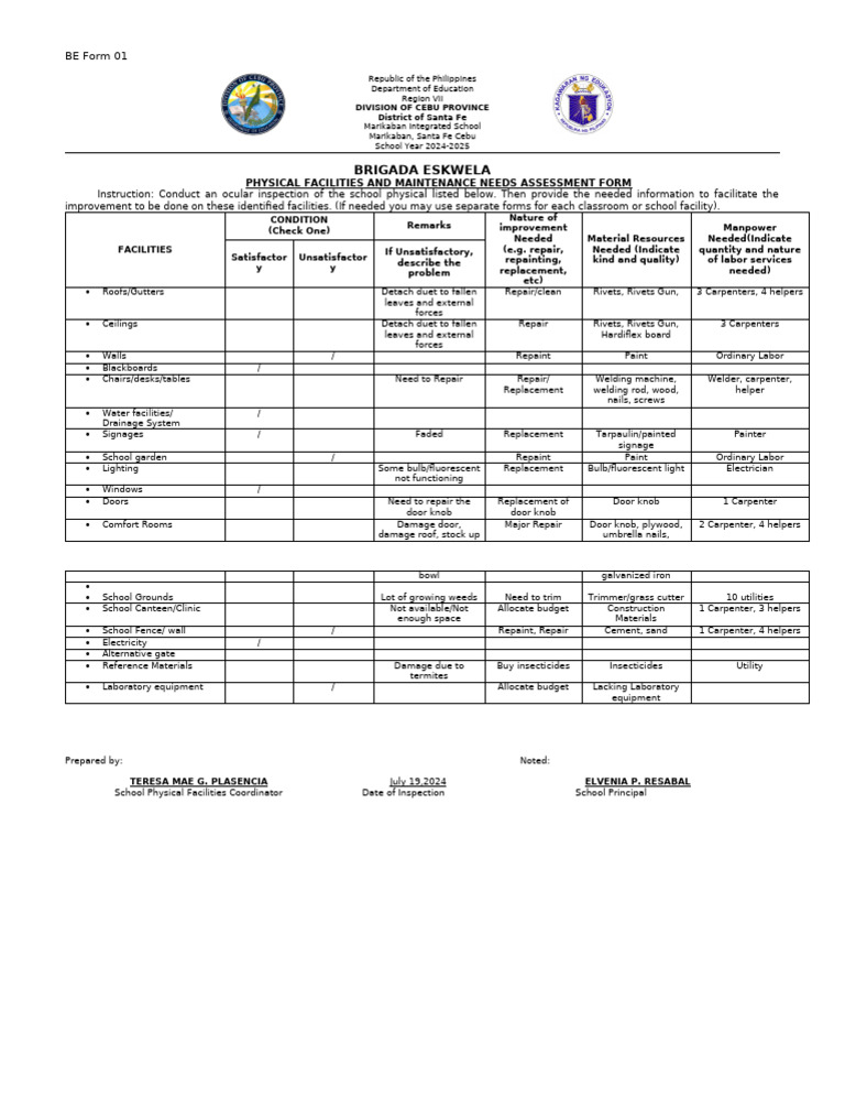 BEFORM 1pysical Faciliteis | PDF | Carpentry