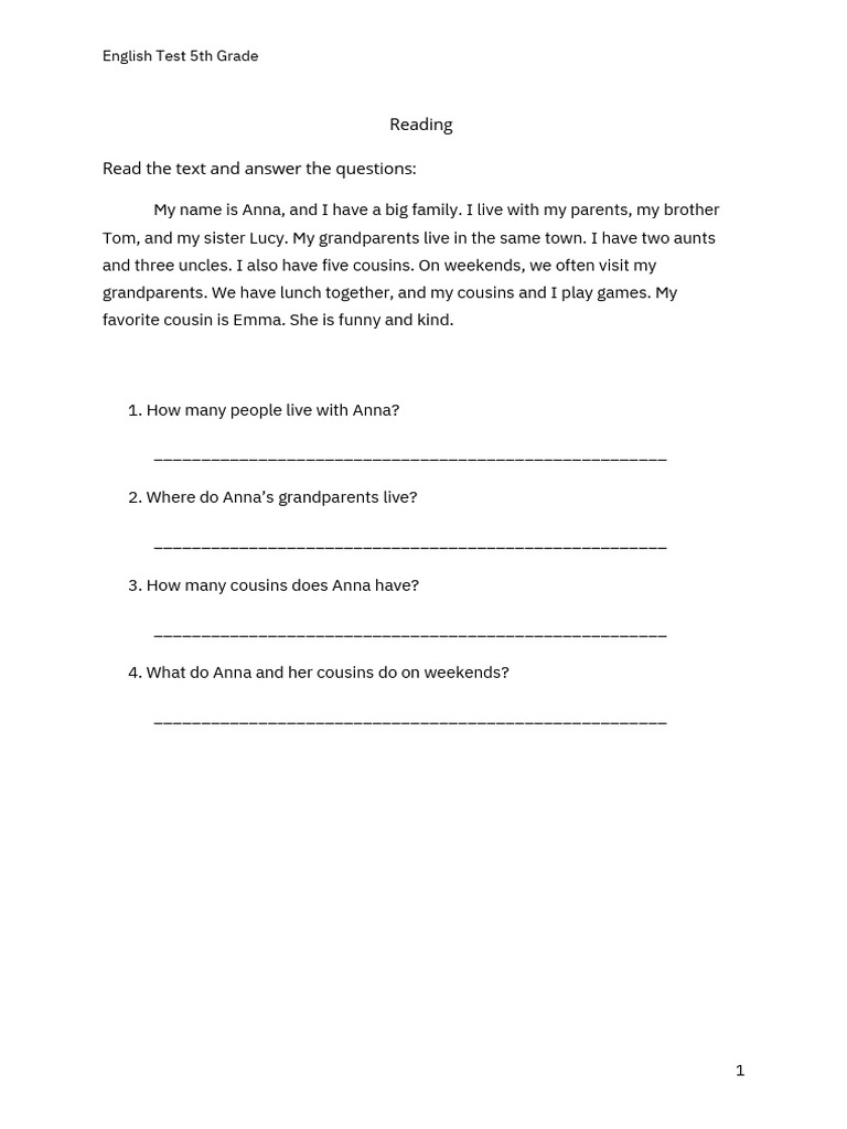English Test 5th Grade - PDF - Sample | PDF | Linguistics
