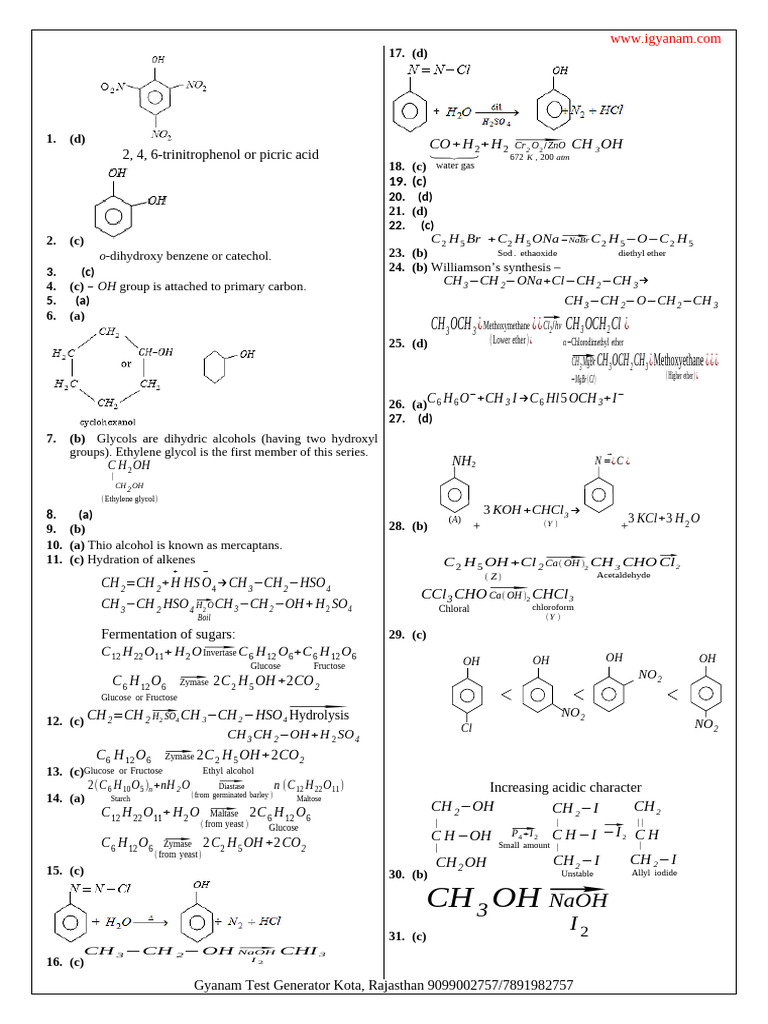 Alcohol, Phenol and Ethers (Easy) Key | PDF | Ether | Chemical Reactions