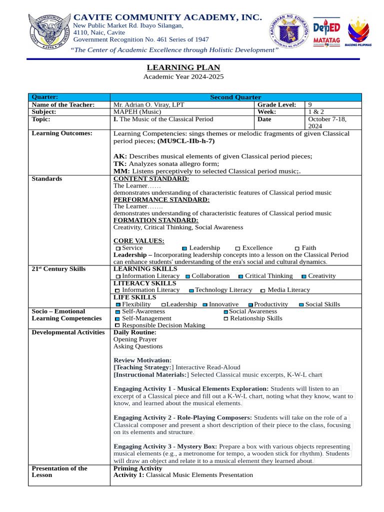 Classical Music Learning Plan for Grade 9 | PDF | Elements Of Music ...