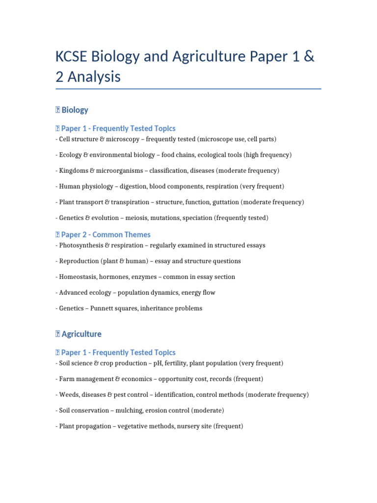 KCSE Biology Agriculture Paper Analysis | PDF | Biology | Agriculture