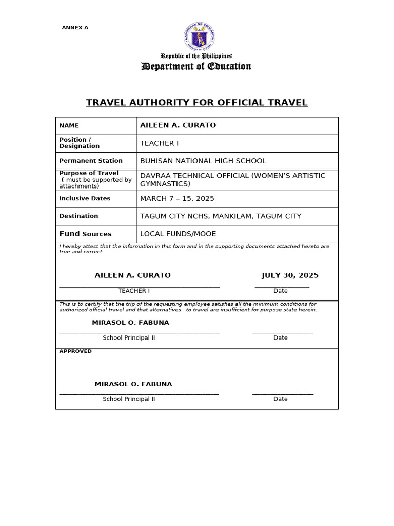 Official Travel Authority for Aileen Curato | PDF