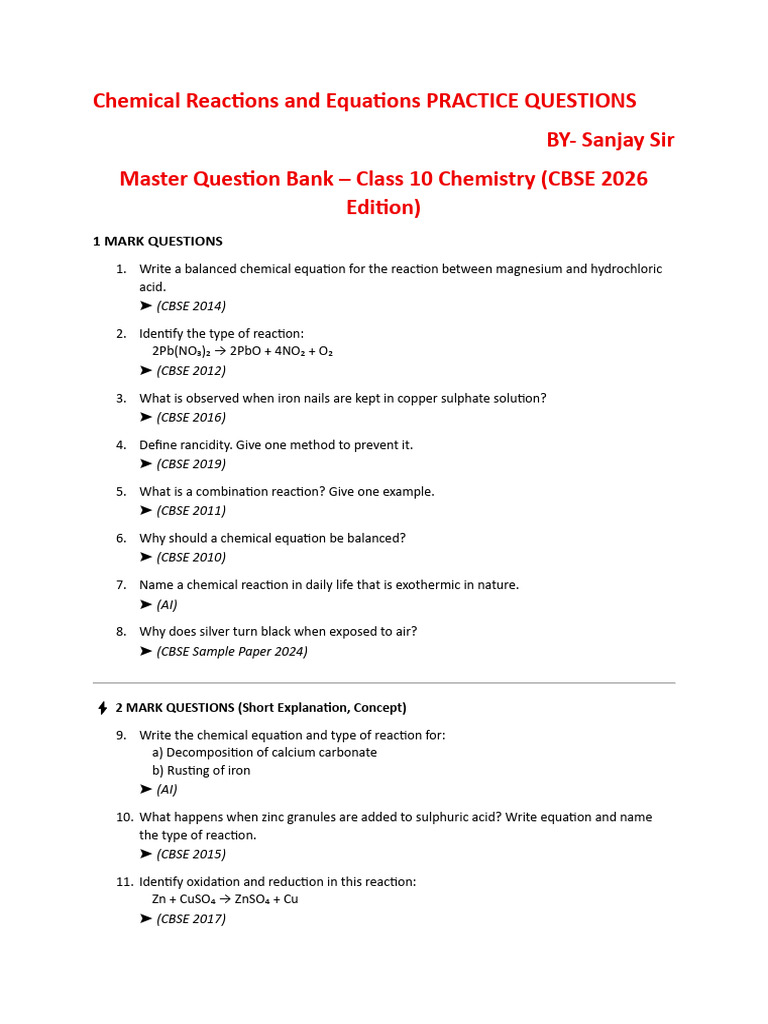 Chemical Reactions and Equations PRACTICE QUESTIONS | PDF | Chemical ...