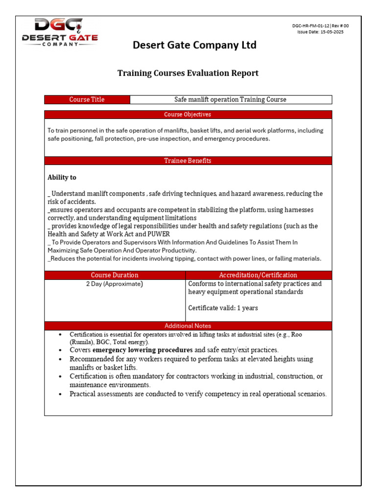 Manlift Operator Training Certification | PDF