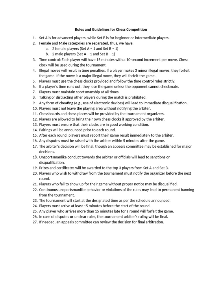 Chess Tournament Rules and Guidelines | PDF | Chess | Arbitration