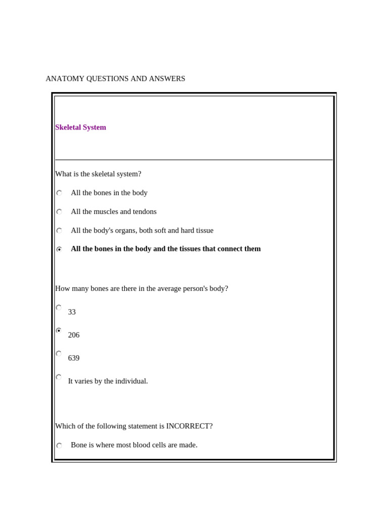 Anatomy Questions and Answers | PDF | Bone | Acetylcholine