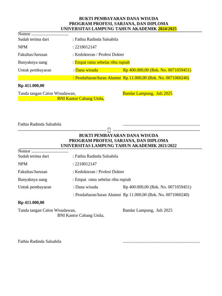 Form Bukti Bayar Wisuda Bni - 46 Program Profesi, Sarjana, Dan Diploma Mercon | PDF