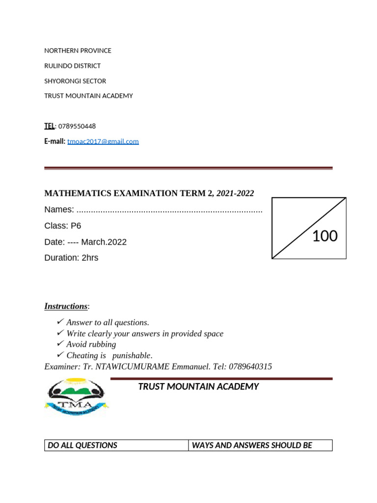 Maths p6 Exam - 040426 | PDF