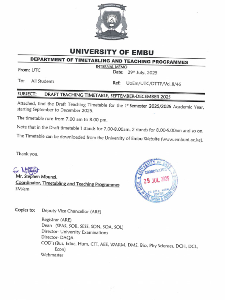 Draft Teaching Timetable Sep-Dec 2025 | PDF
