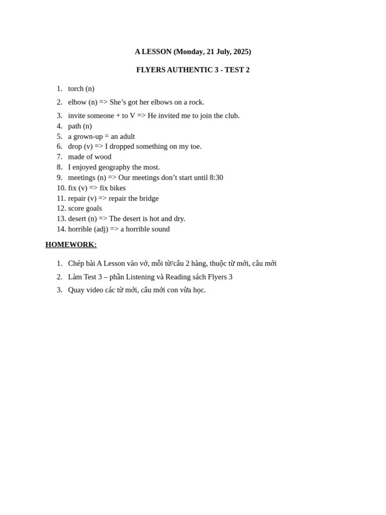 A Lesson Flyers 3 Test 2 | PDF