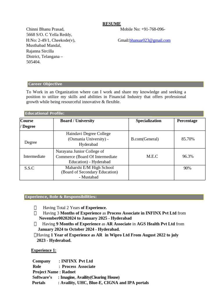 AR Associate Resume - Chinni Bhanu Prasad | PDF