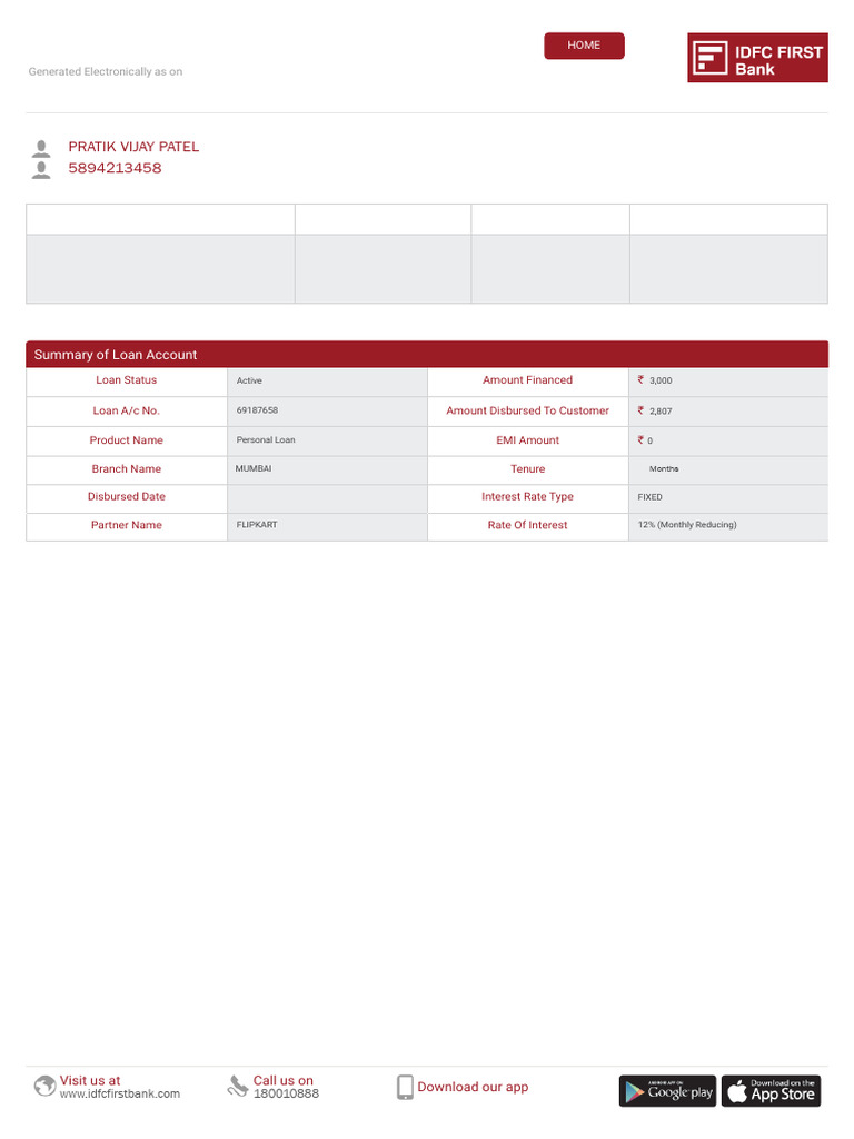 IDFC First Bank Personal Loan Statement | PDF | Receipt | Cheque