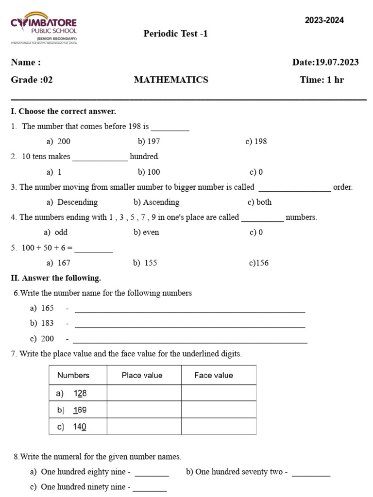 Grade 2 Mathematics Periodic Test | PDF | Numbers | Chess