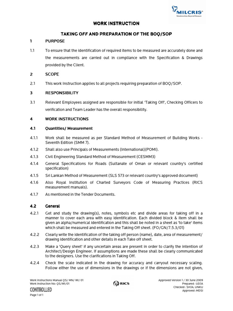 BOQ/SOP Preparation Work Instructions | PDF | Specification (Technical ...