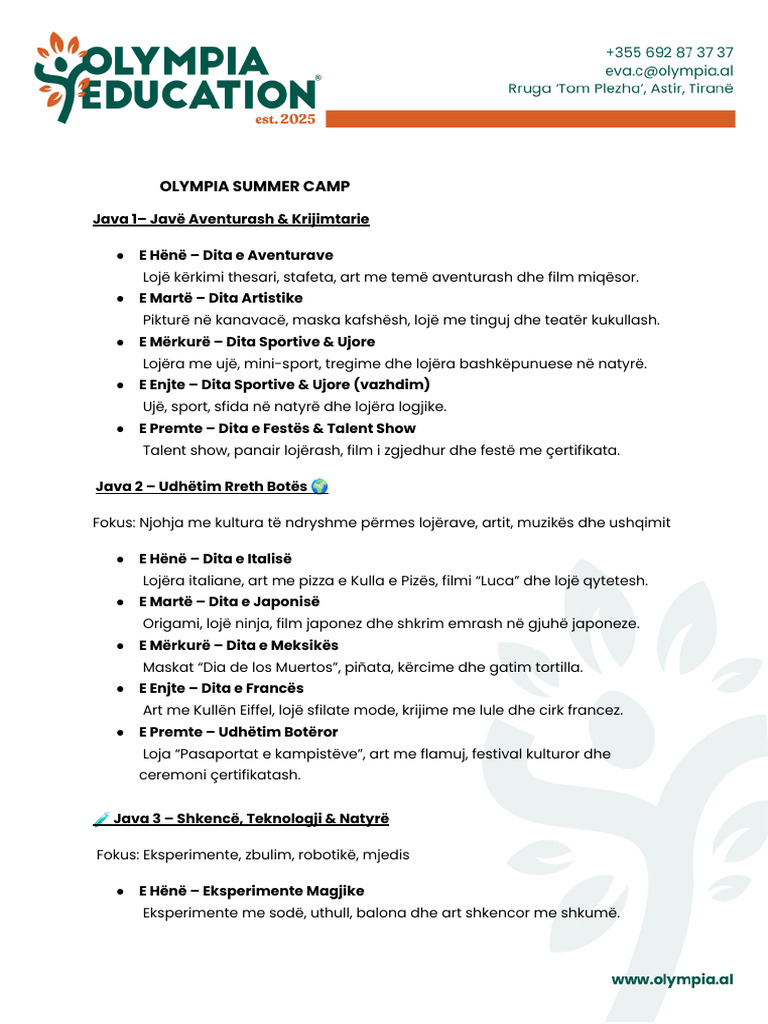 Programi Olympia Summer Camp | PDF