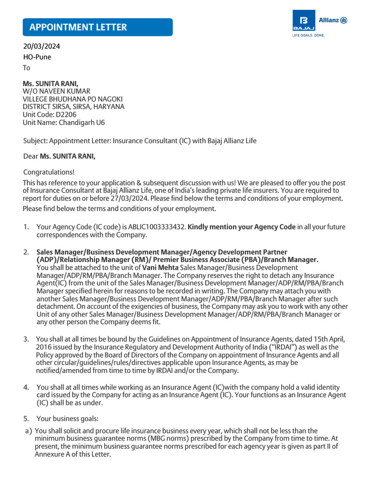 Appointment Letter for Insurance Consultant | PDF | Insurance | Indemnity