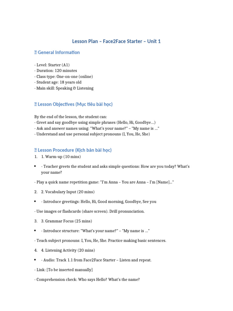 Face2Face Starter Unit1 Lesson Plan | PDF