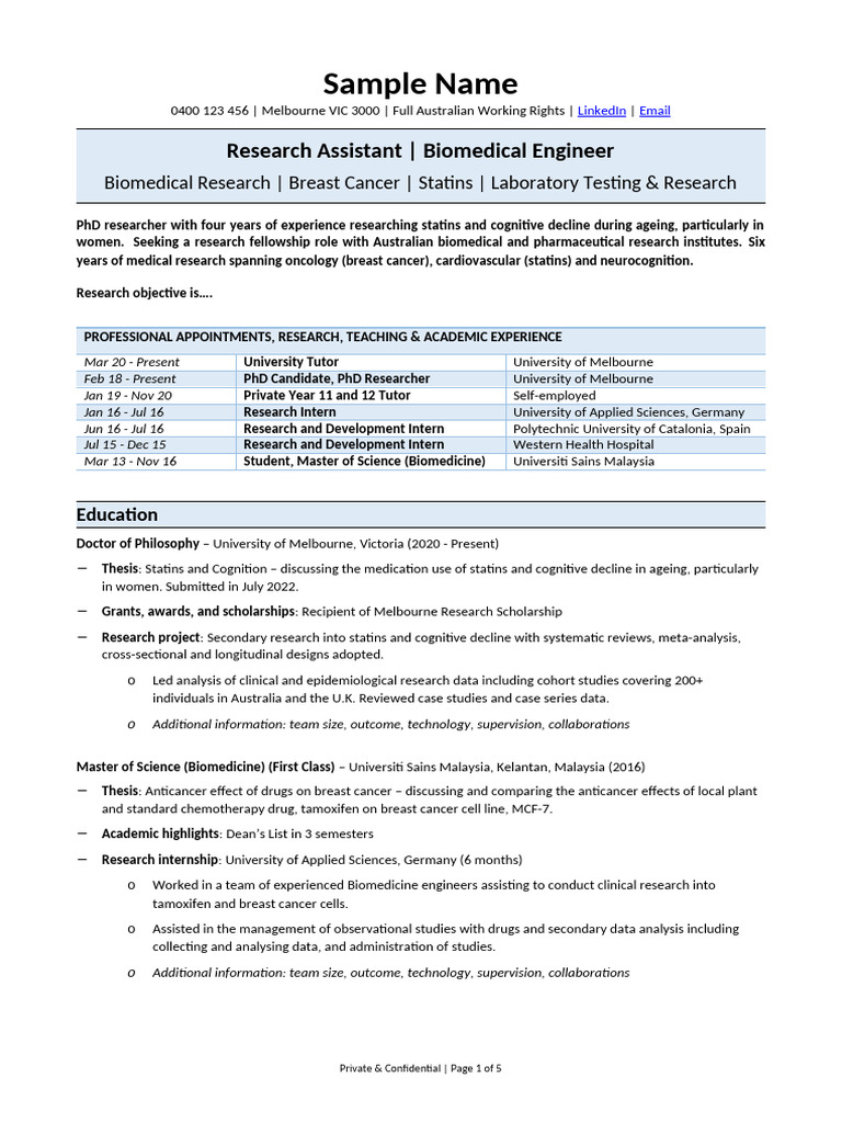Research Assistant CV Template | PDF | Doctor Of Philosophy | Statin